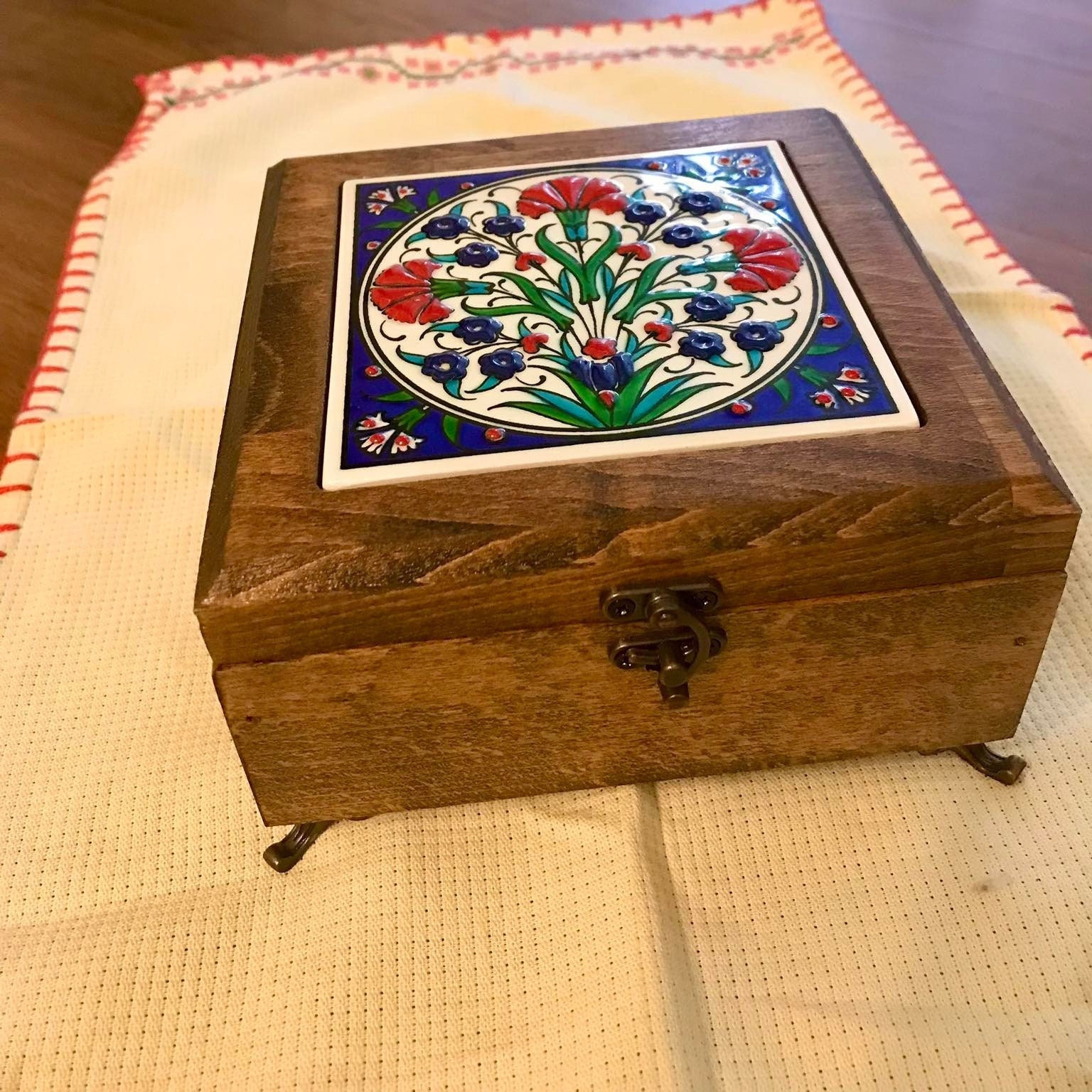 Turkish Iznik Handmade Pattern Glazed Ceramic Wooden Jewelry Box ...